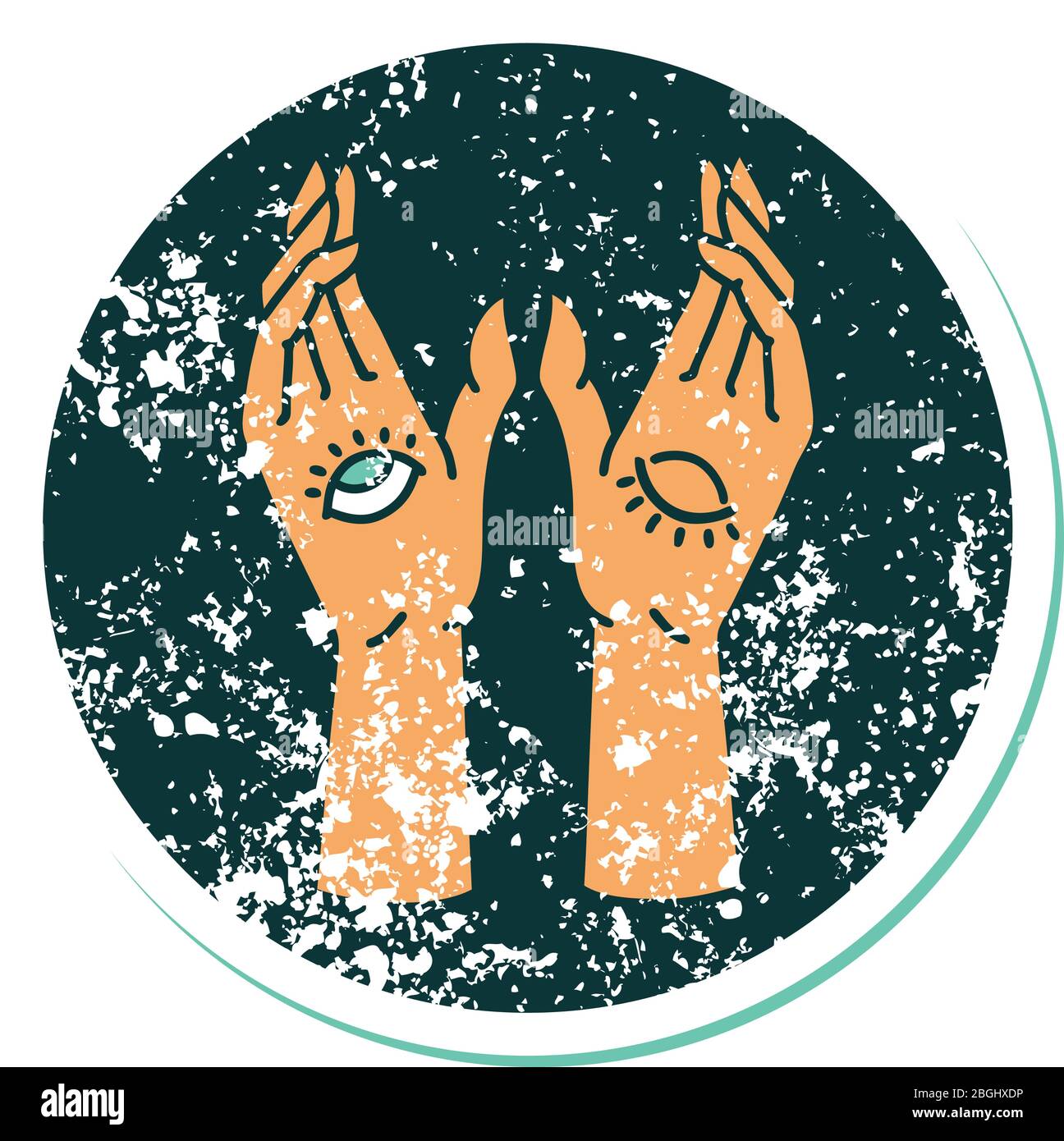 iconic distressed sticker tattoo style image of mystic hands Stock ...