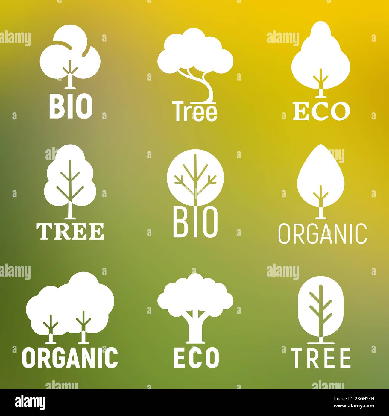White vector tree organic eco bio logo set isolated on green background ...