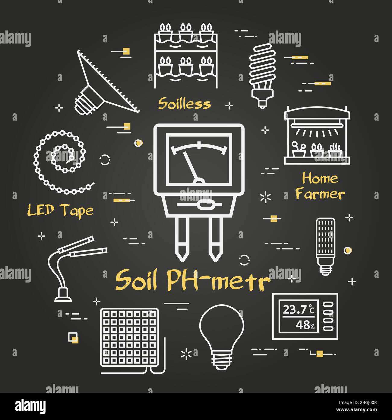 Vector black concept of hydroponic and growth led light - soil PH-meter ...