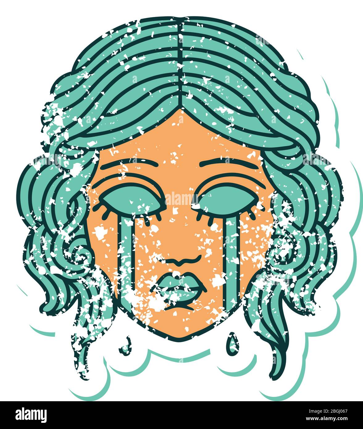 iconic distressed sticker tattoo style image of female face crying ...