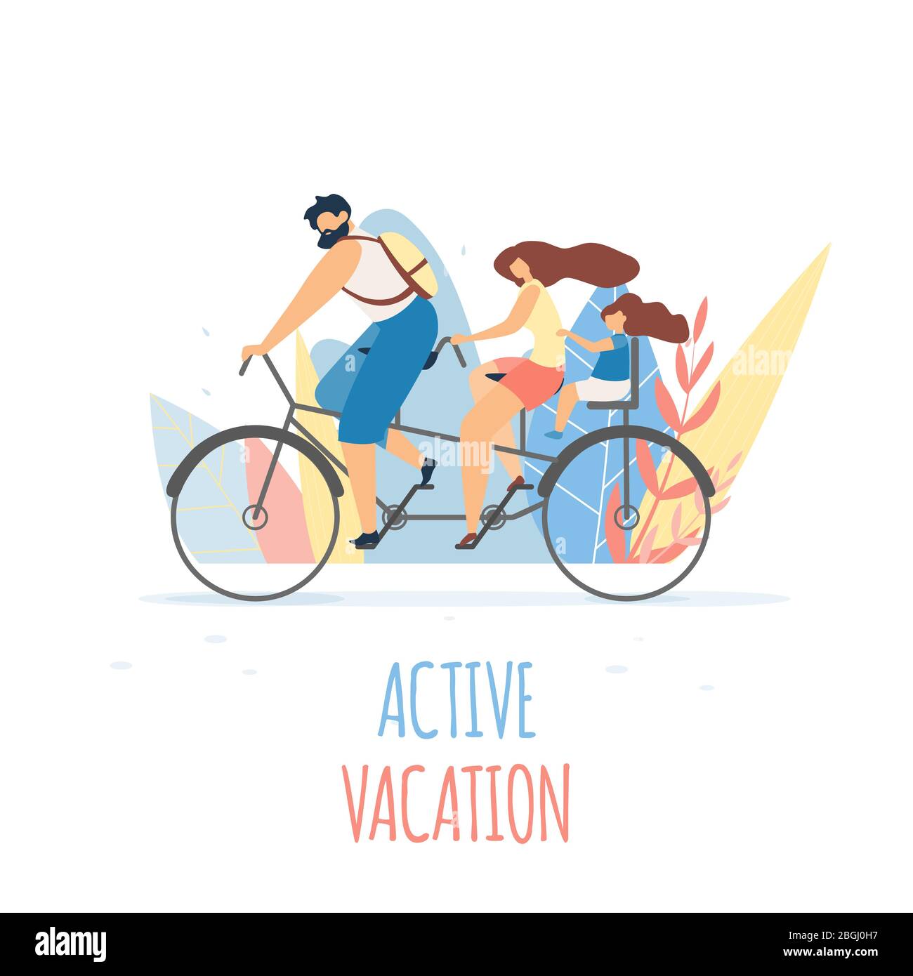 Active Family Vacation on Bicycle Flat Banner. Happy Cartoon Father and ...