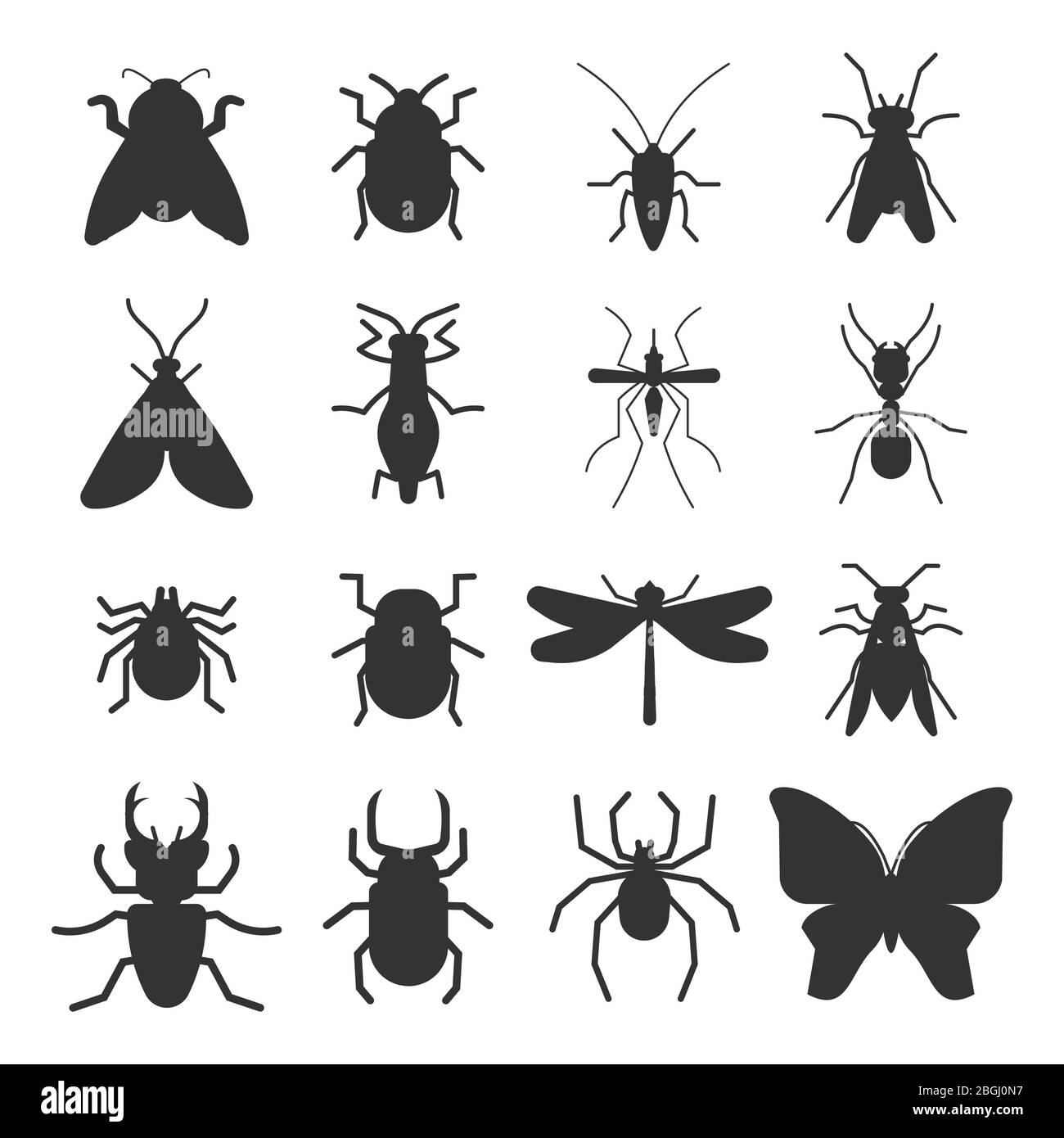 Popular insects silhouette icons isolated on white background. Vector ...