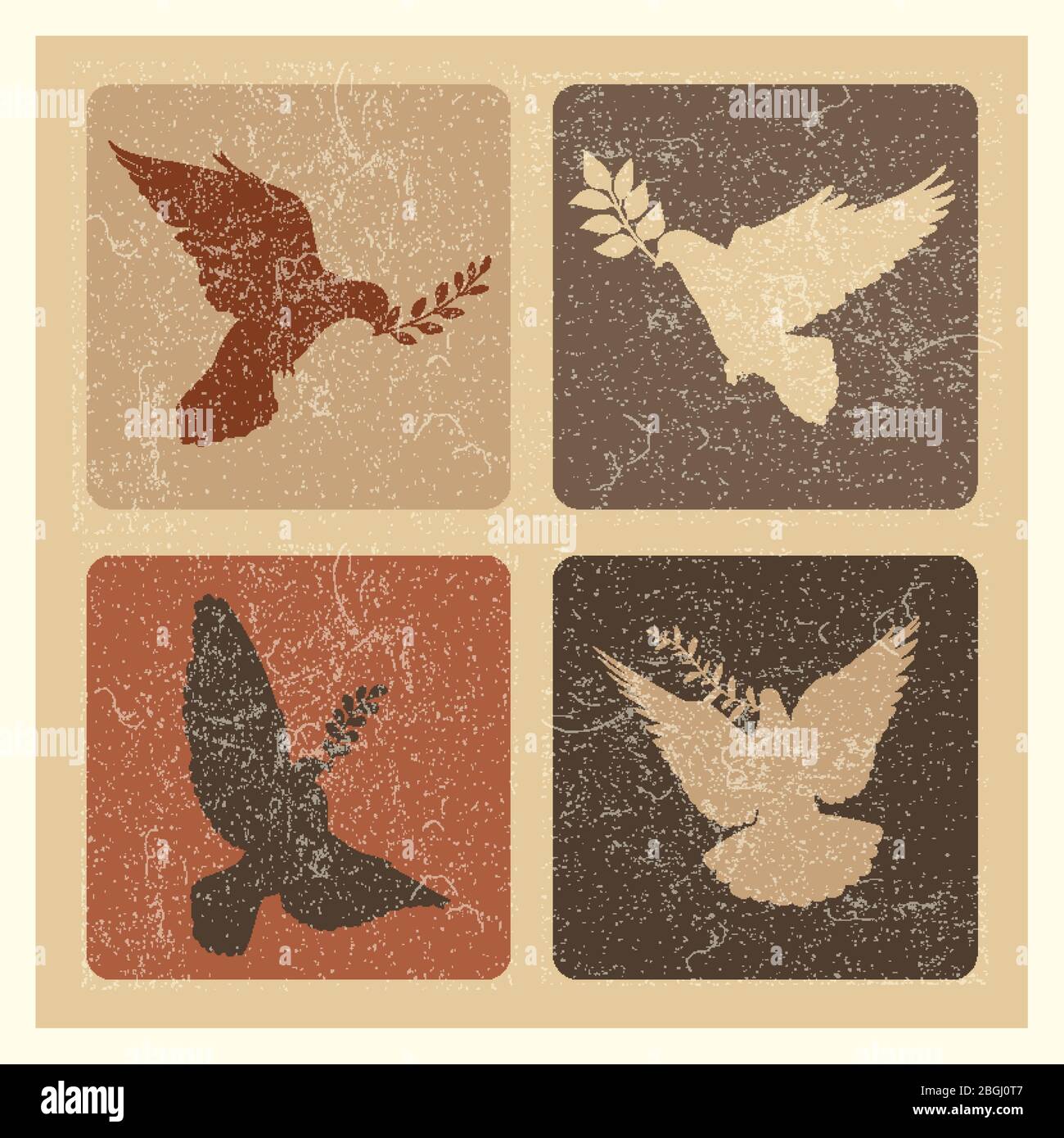 Dove of peace silhouette emblems. Grunge pigeon with branch logo set ...