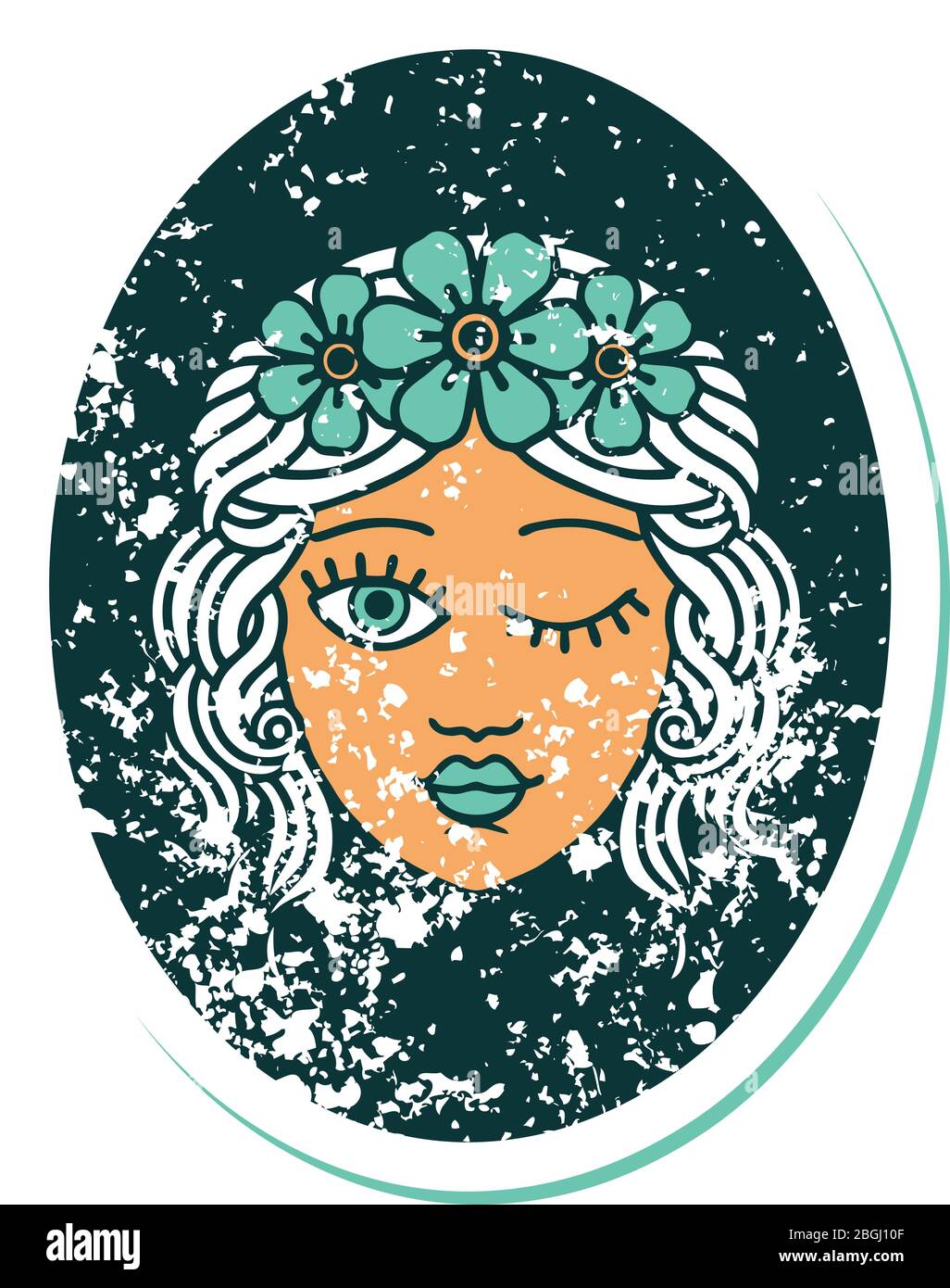 iconic distressed sticker tattoo style image of a maiden with crown of ...
