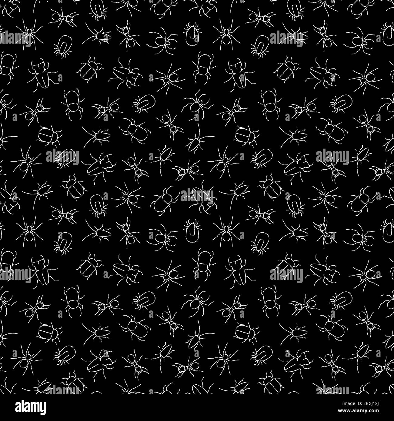 White chalk drawing insects on black seamless background pattern ...