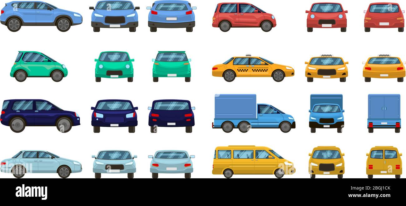 Car views. Front and profile side car view, urban traffic transport of ...