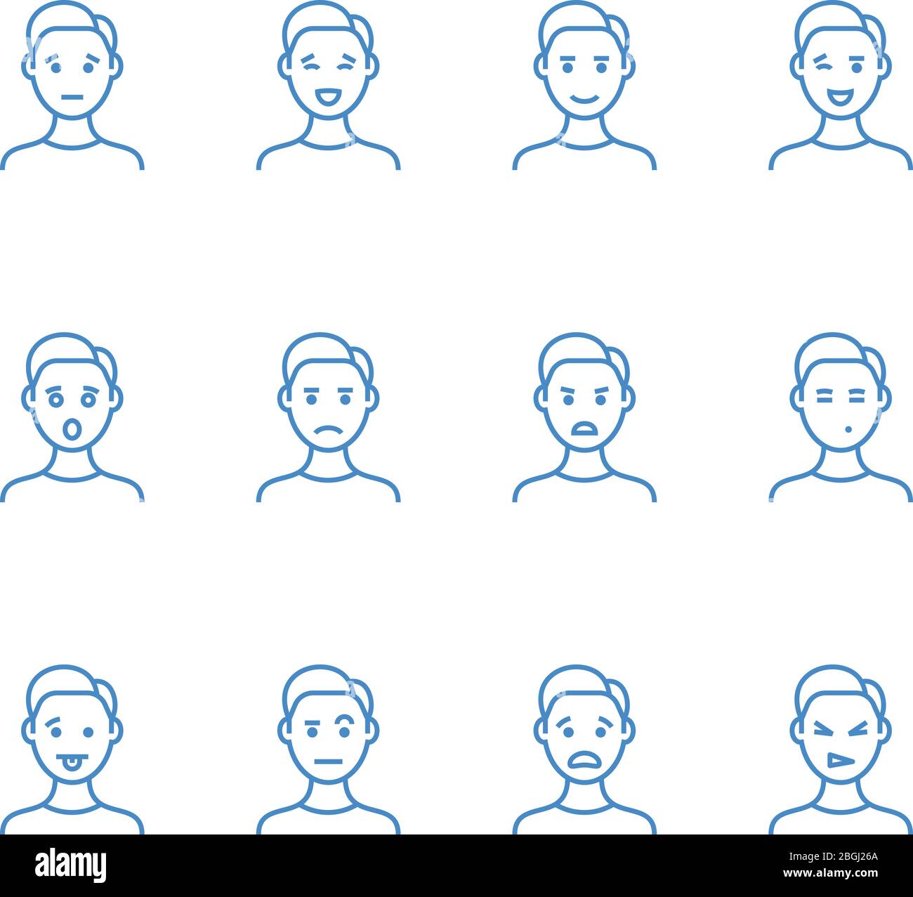 Man face with different emotions line icons. Male profile outline ...