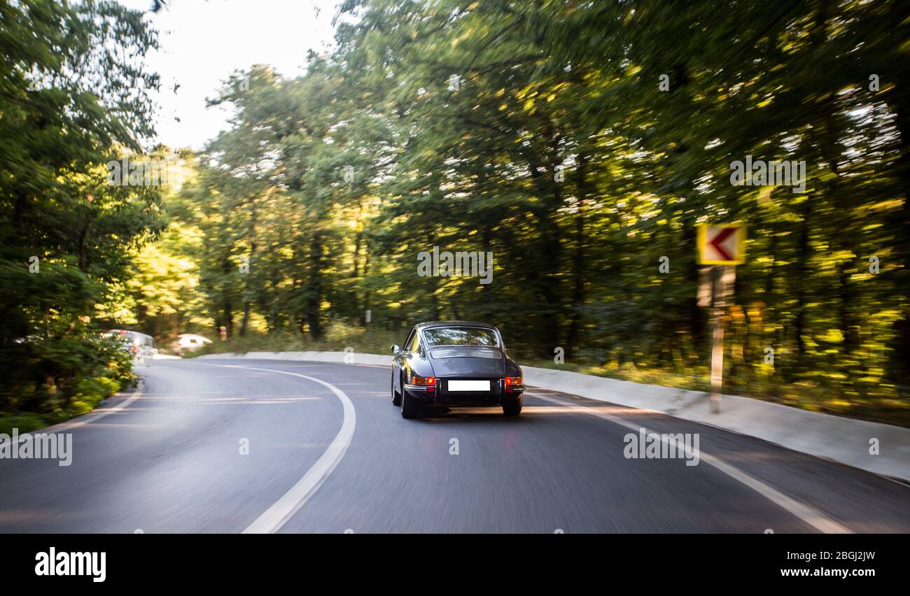 Urban drive with a black sedan car in the sunset across green trees ...