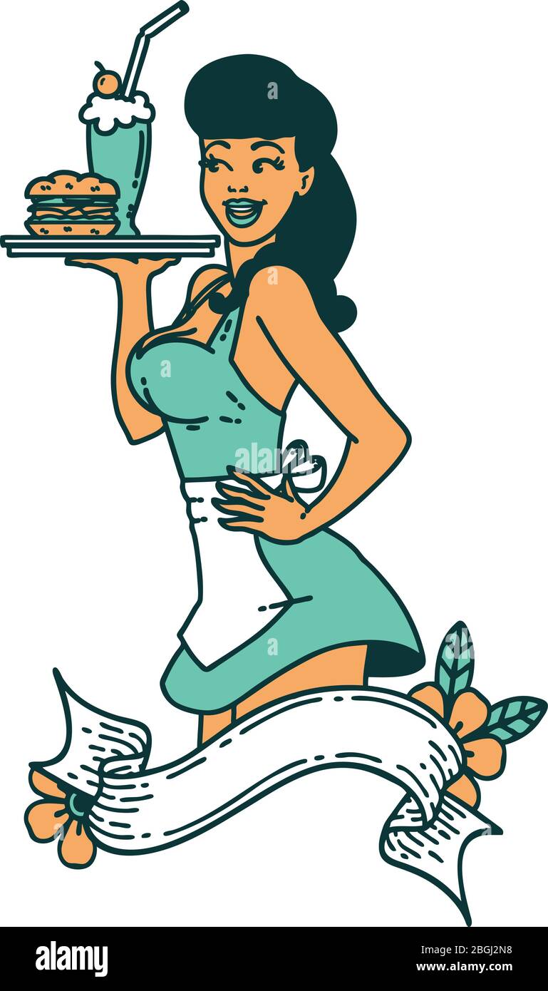 tattoo in traditional style of a pinup waitress girl with banner Stock ...