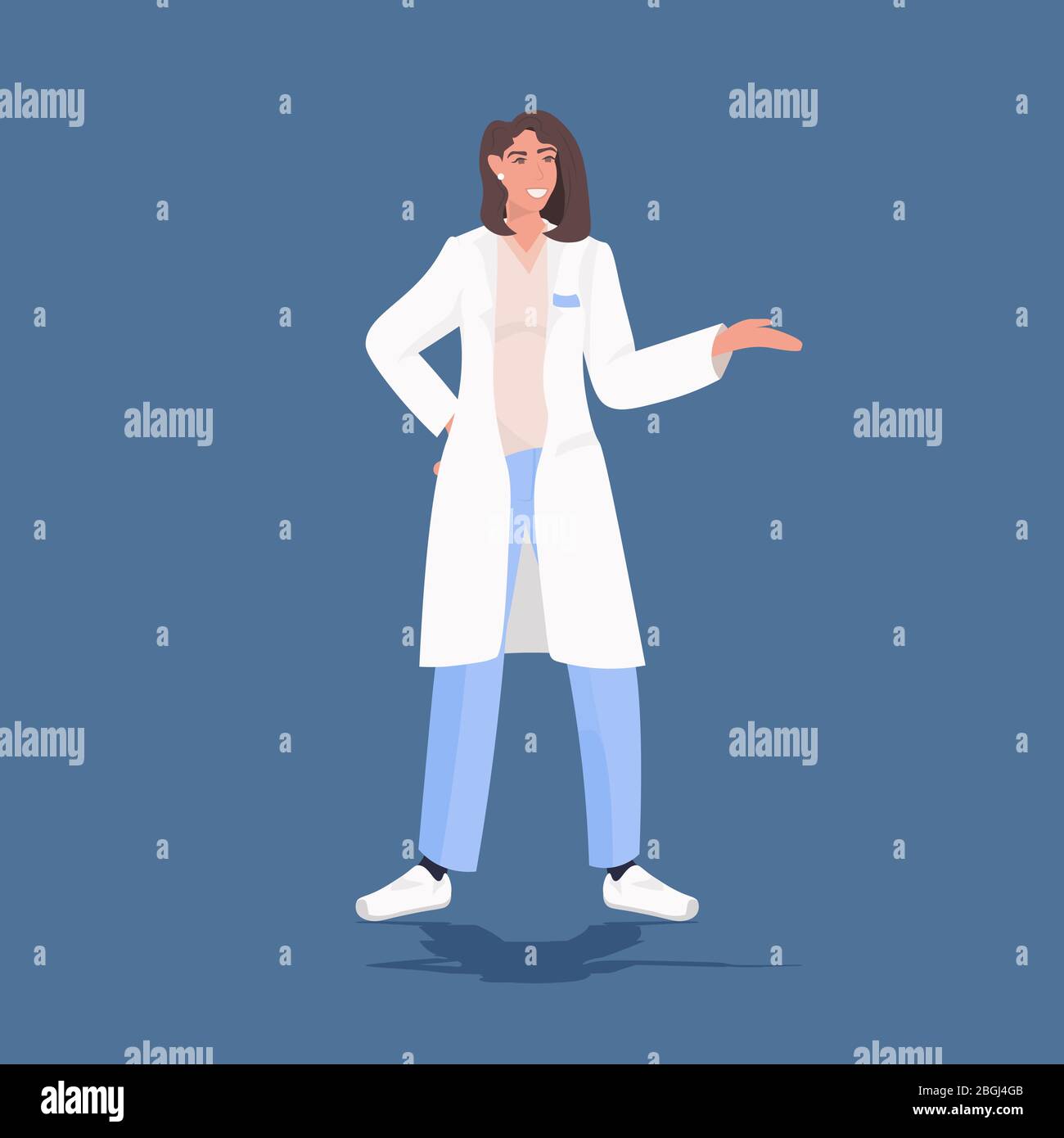 female scientist pointing hand woman researcher in white coat showing ...