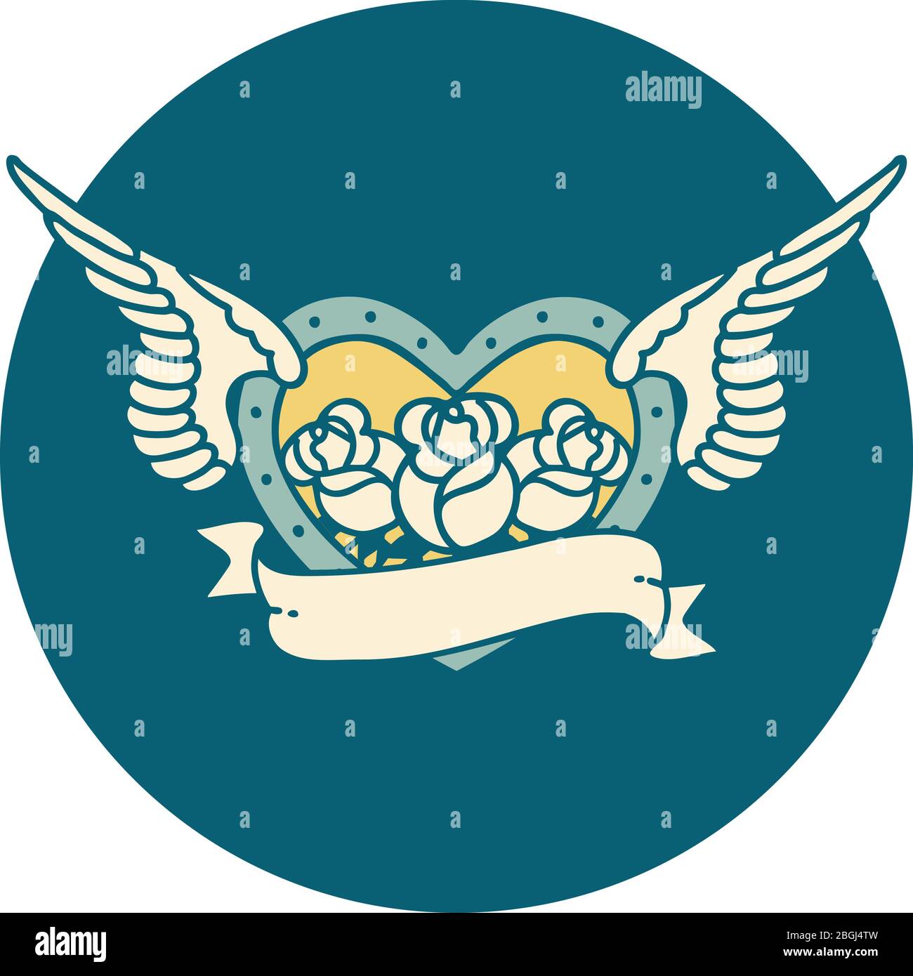 iconic tattoo style image of a flying heart with flowers and banner ...