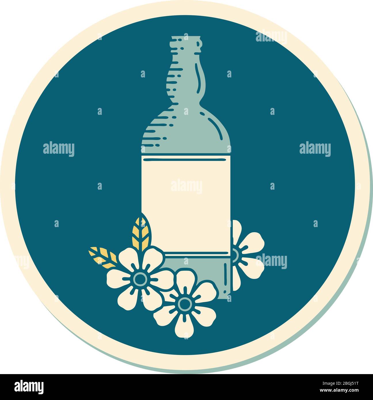 sticker of tattoo in traditional style of a rum bottle and flowers ...