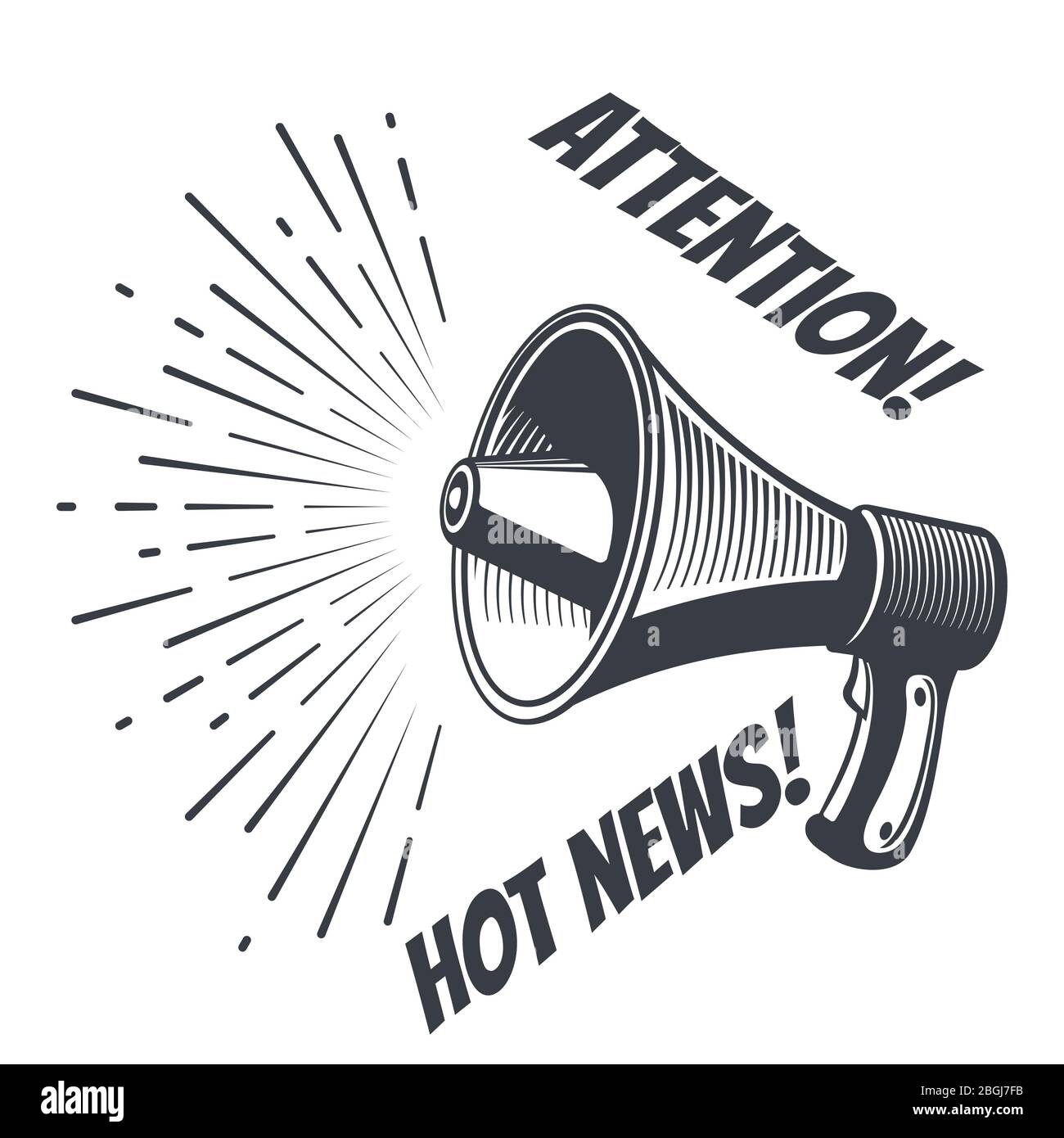 Hot news attention poster with retro megaphone and sunburst. Vector ...
