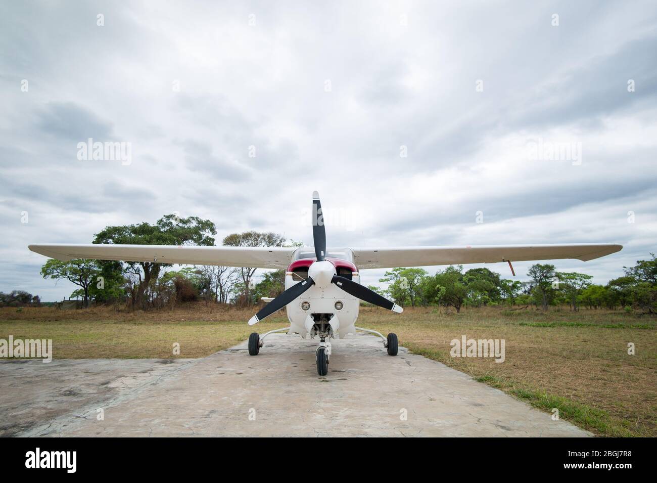 Small plane on bush runway in remote safari camp in Busanga Plains ...