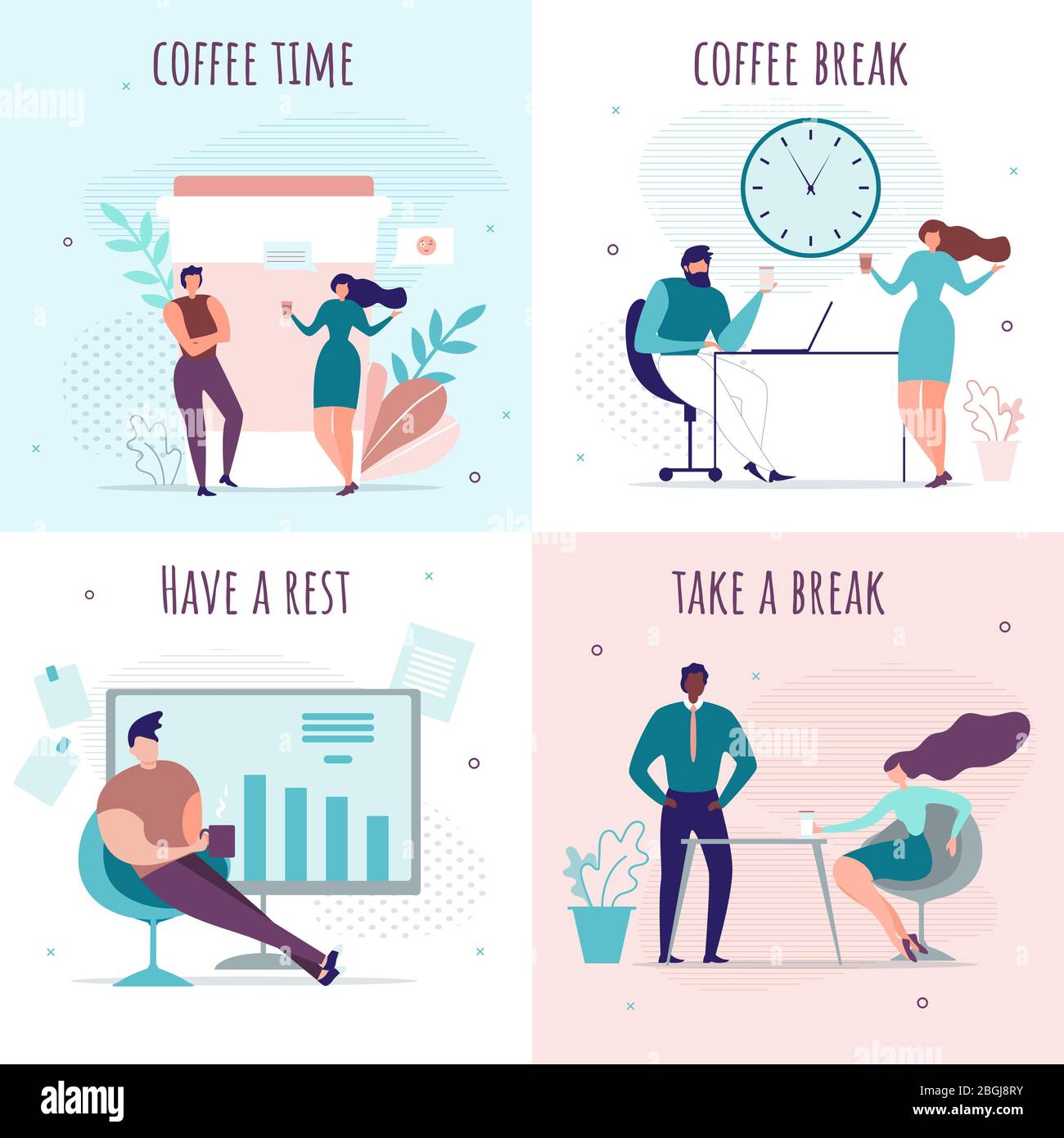 Break Time and Rest in Office during Working Day. Cartoon Cards Set ...
