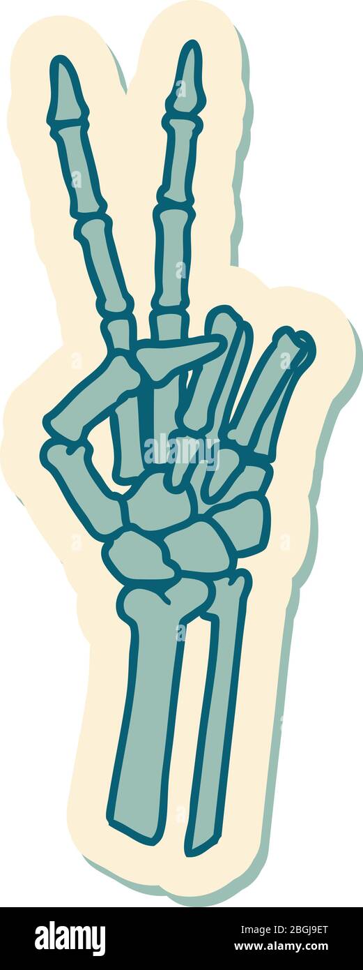 sticker of tattoo in traditional style of a skeleton giving a peace ...