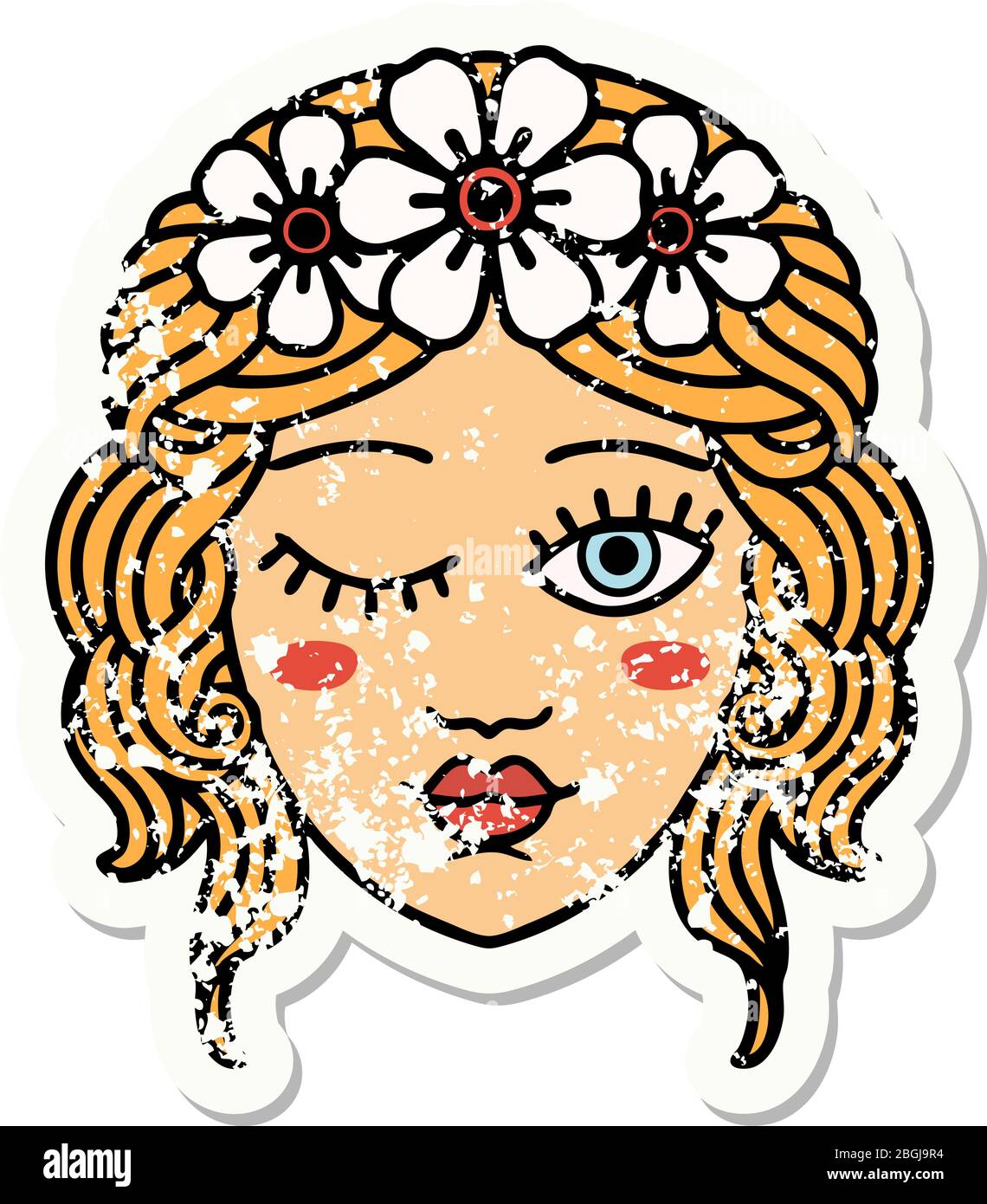 distressed sticker tattoo in traditional style of a maidens face ...