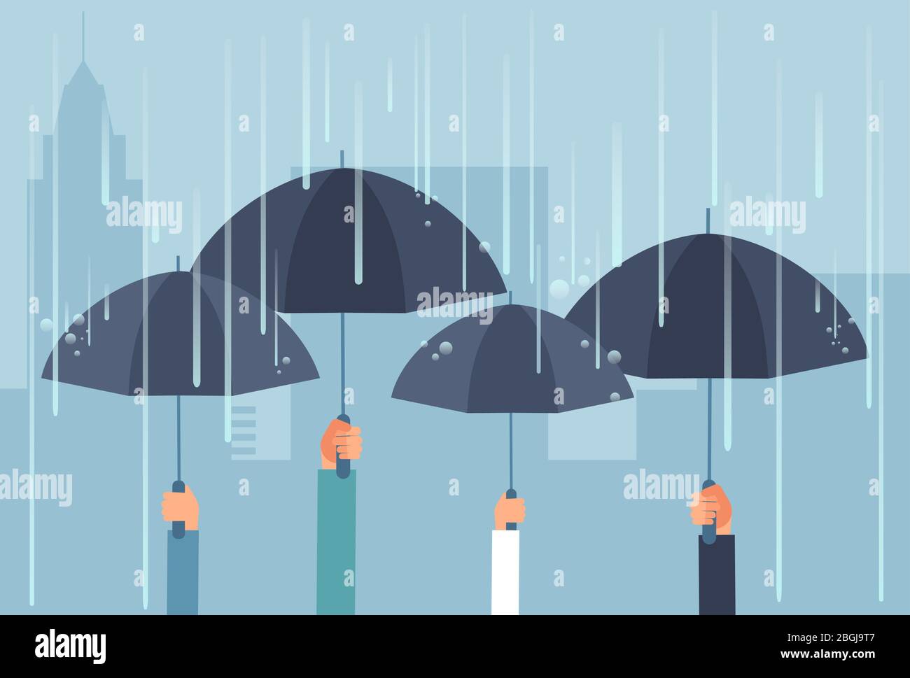 Hands holding umbrellas while thunderstorm. Vector safe cartoon business concept. Rain weather ...