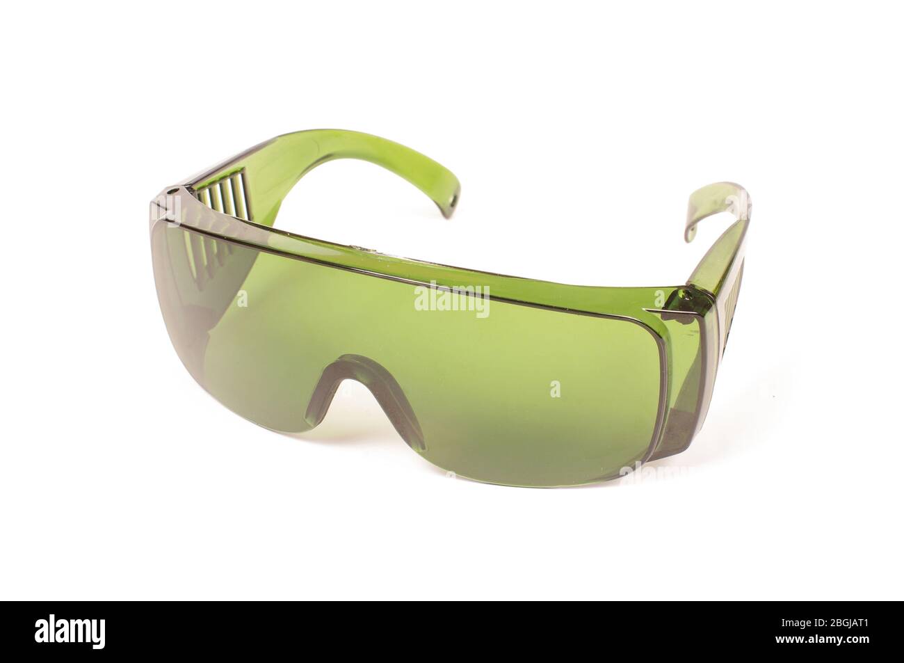 Safety green glasses for protection from laser radiation isolated on ...
