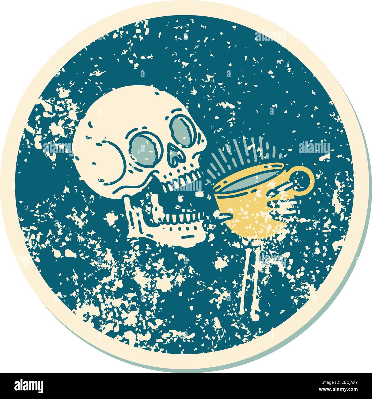 iconic distressed sticker tattoo style image of a skull drinking coffee ...