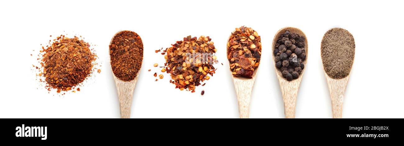 Different varieties of pepper. Red paprika, chili, black, ground pepper ...