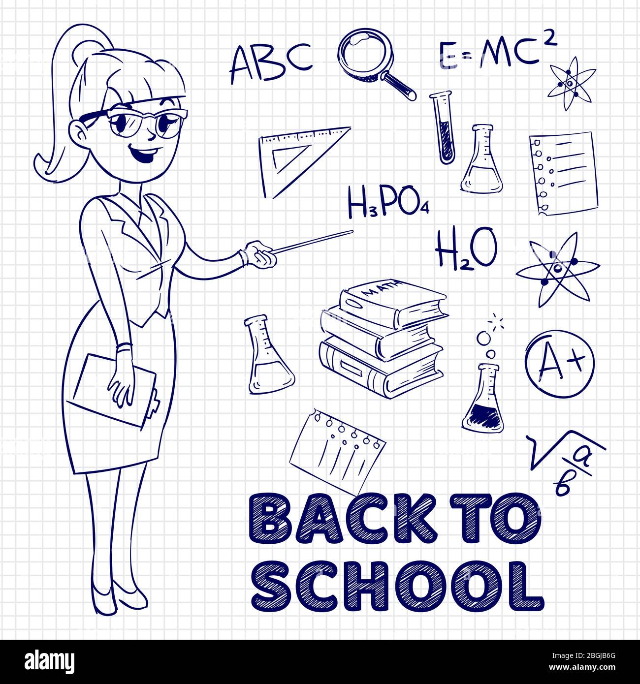 Hand drawn young female teacher and school elements. Back to school ...
