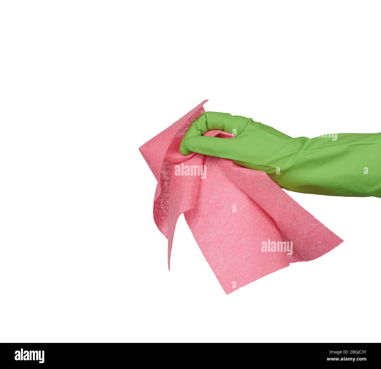 hand holds a pink rag for cleaning indoors, part of the body is dressed ...