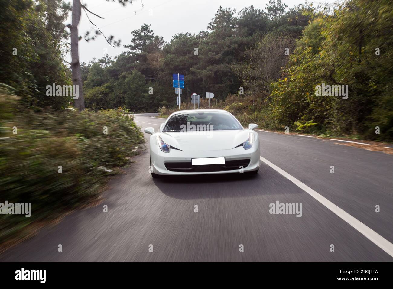 Silver sport model racing car in the autumn forest, rainy cold weather ...