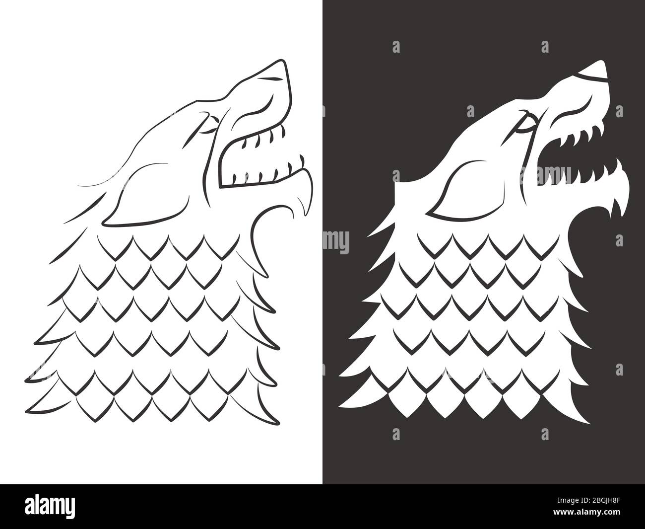 Heraldic style wolf head design. Line and silhouette wolf. Vector ...