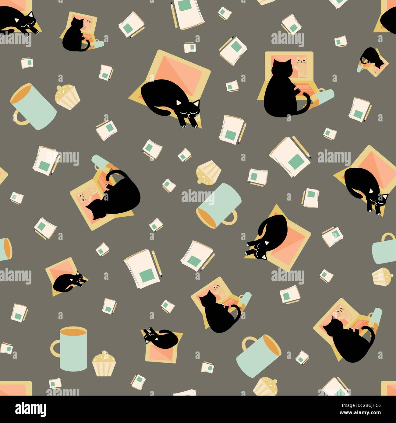 Cute cartoon cat and laptop vector seamless pattern background. Black ...