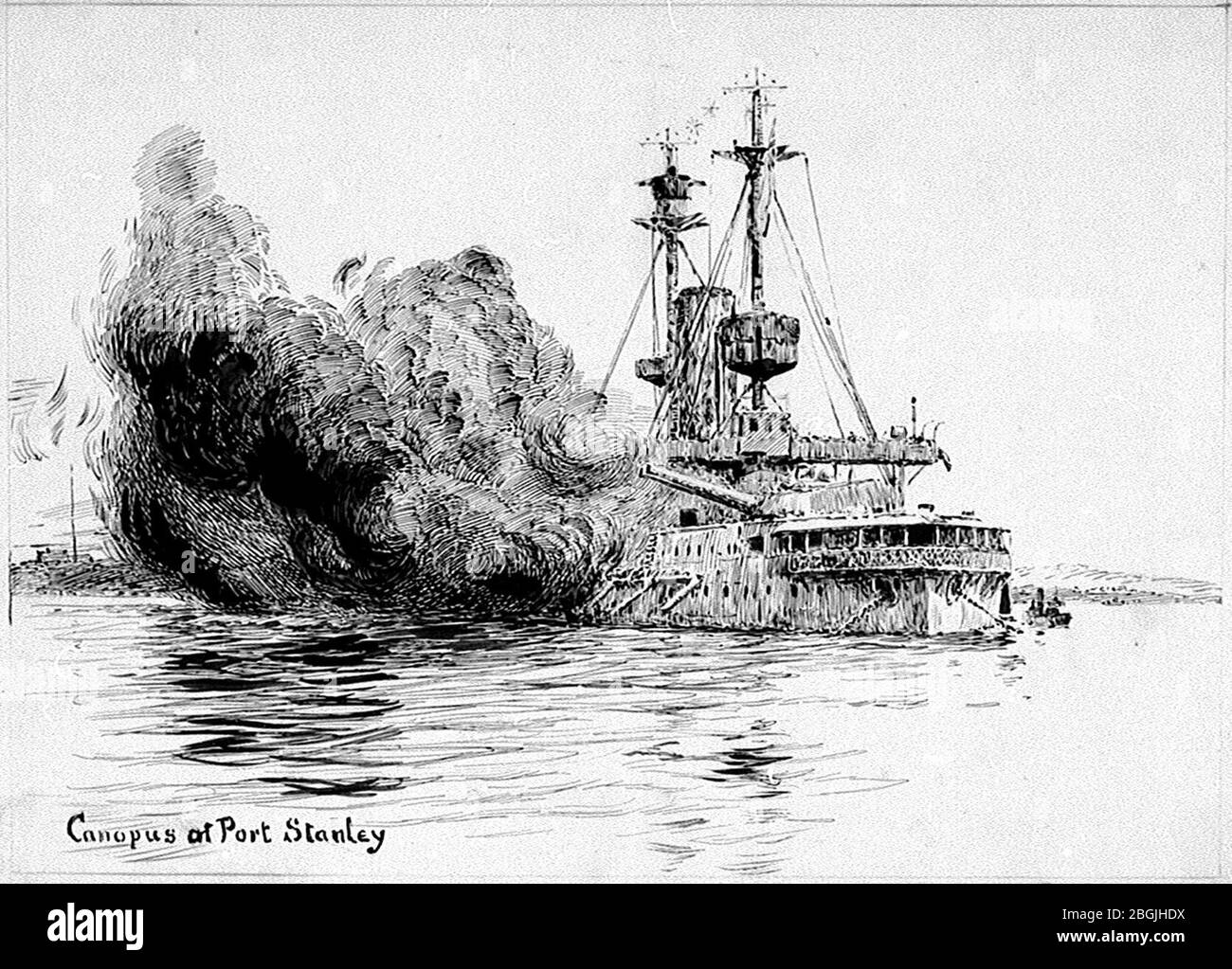 HMS 'Canopus' at Port Stanley, firing the opening salvoes of the Battle ...