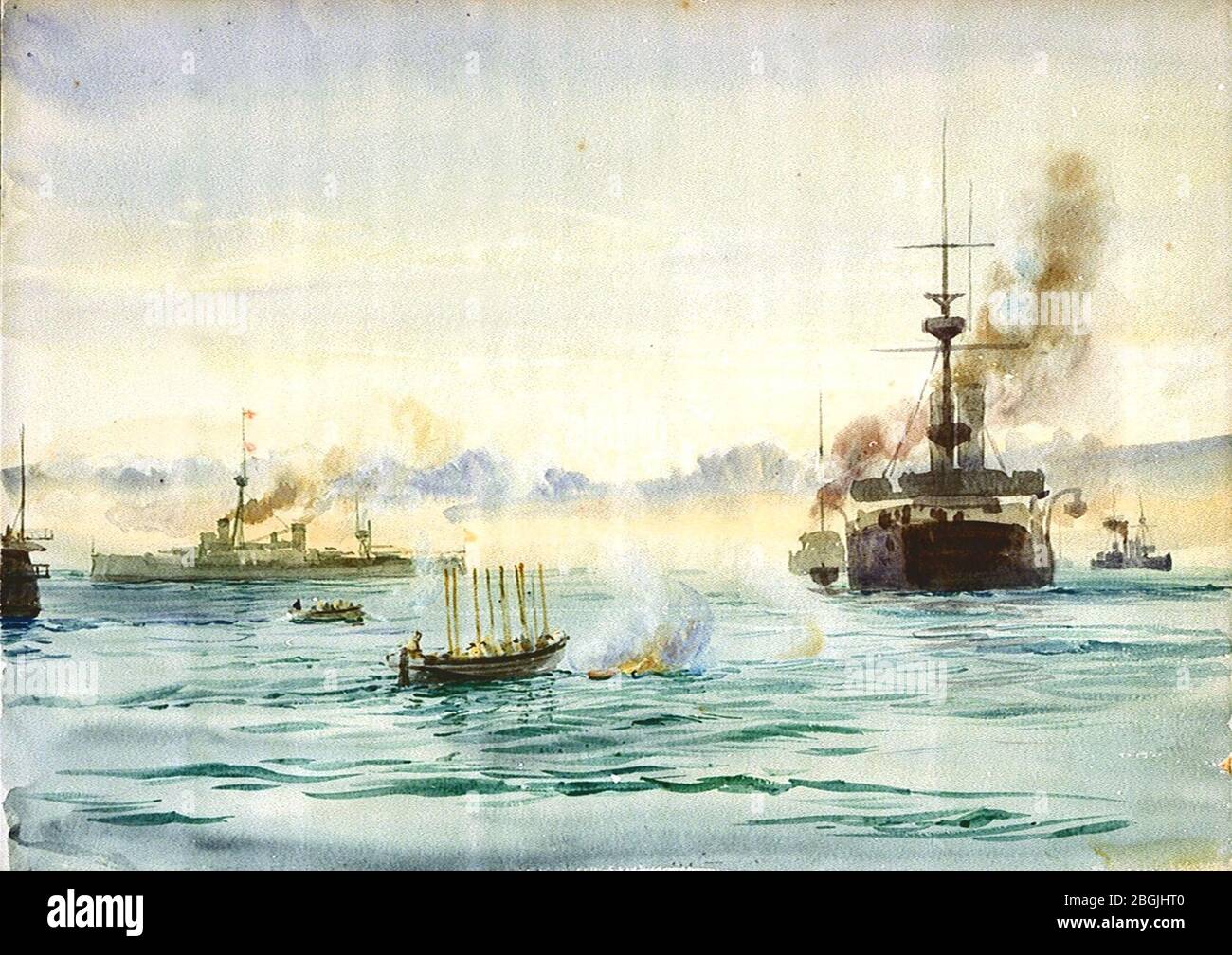 HMS 'Dreadnought' and a 'Majestic'-class battleship at dawn or dusk ...