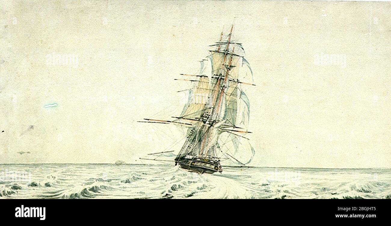 HMS Doris rounding to under all sail to pick up a man Stock Photo - Alamy