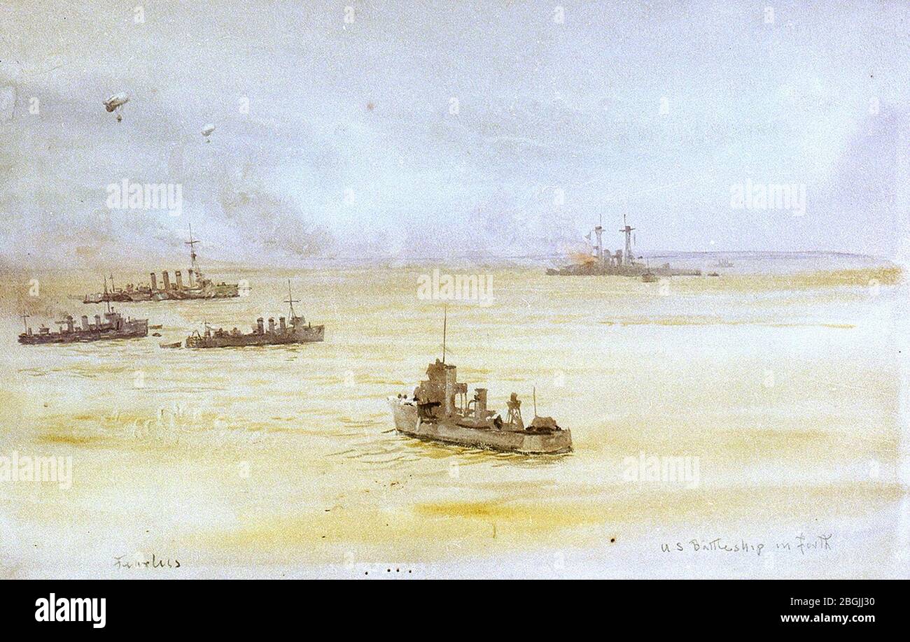 HMS 'Fearless' with destroyers and a US battleship in the Forth Stock ...