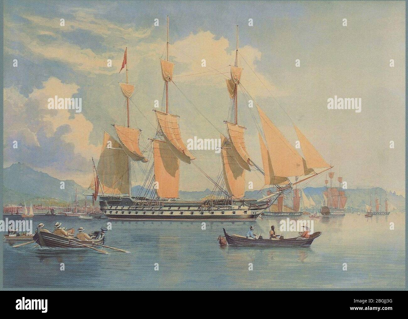 HMS Ganges at Anchor and Drying her Sails off Rio de Janeiro Stock ...