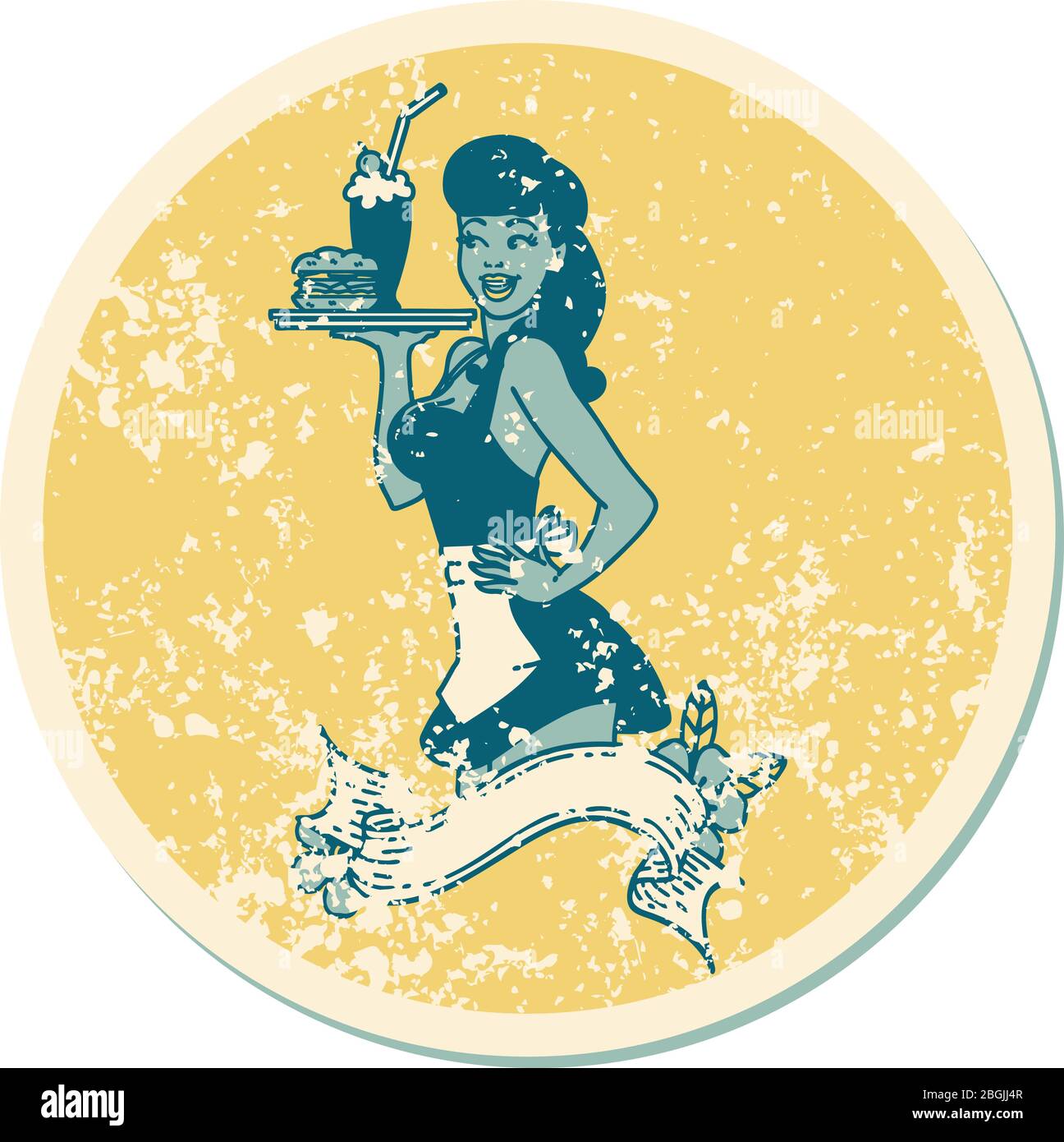 distressed sticker tattoo in traditional style of a pinup waitress girl ...