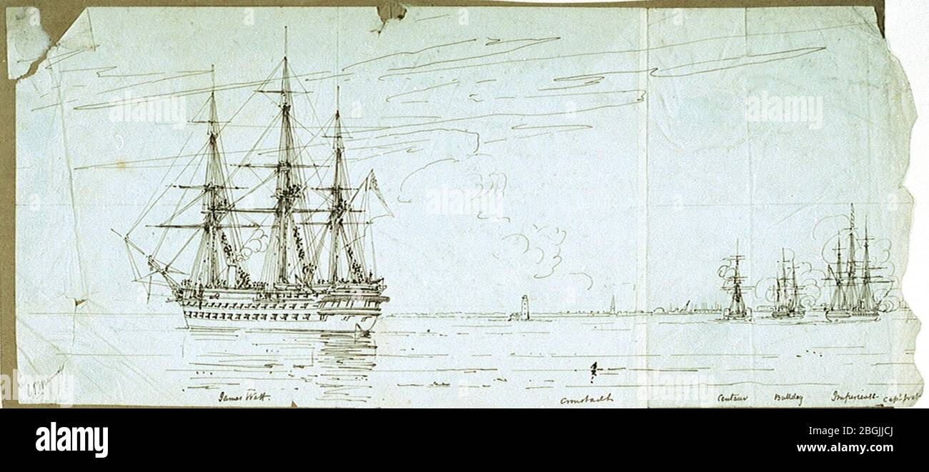 HMS 'James Watt' off Cronstadt, with the 'Centaur', 'Bulldog' and ...