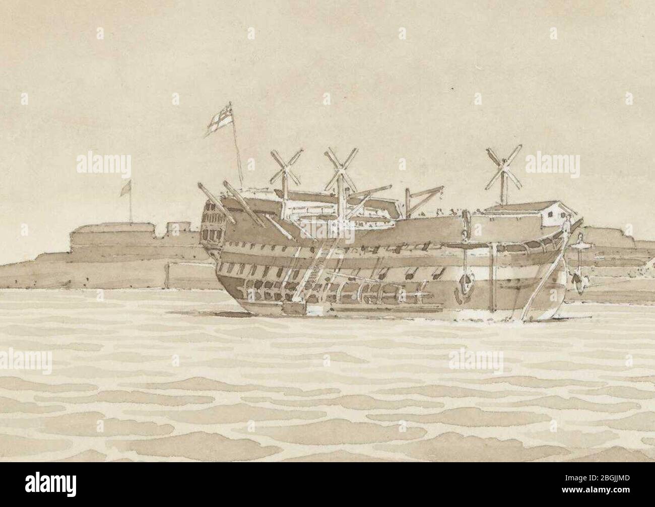 HMS Minotaur (ship, 1816) (Recto) Sheerness Dockyard from stern port of ...