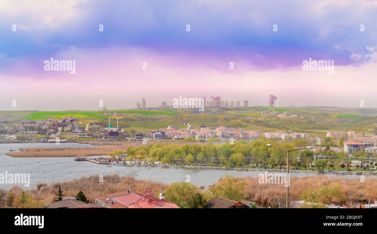 Ankara/Turkey-April 28 2019; A Park near lake Mogan with Golbasi city ...