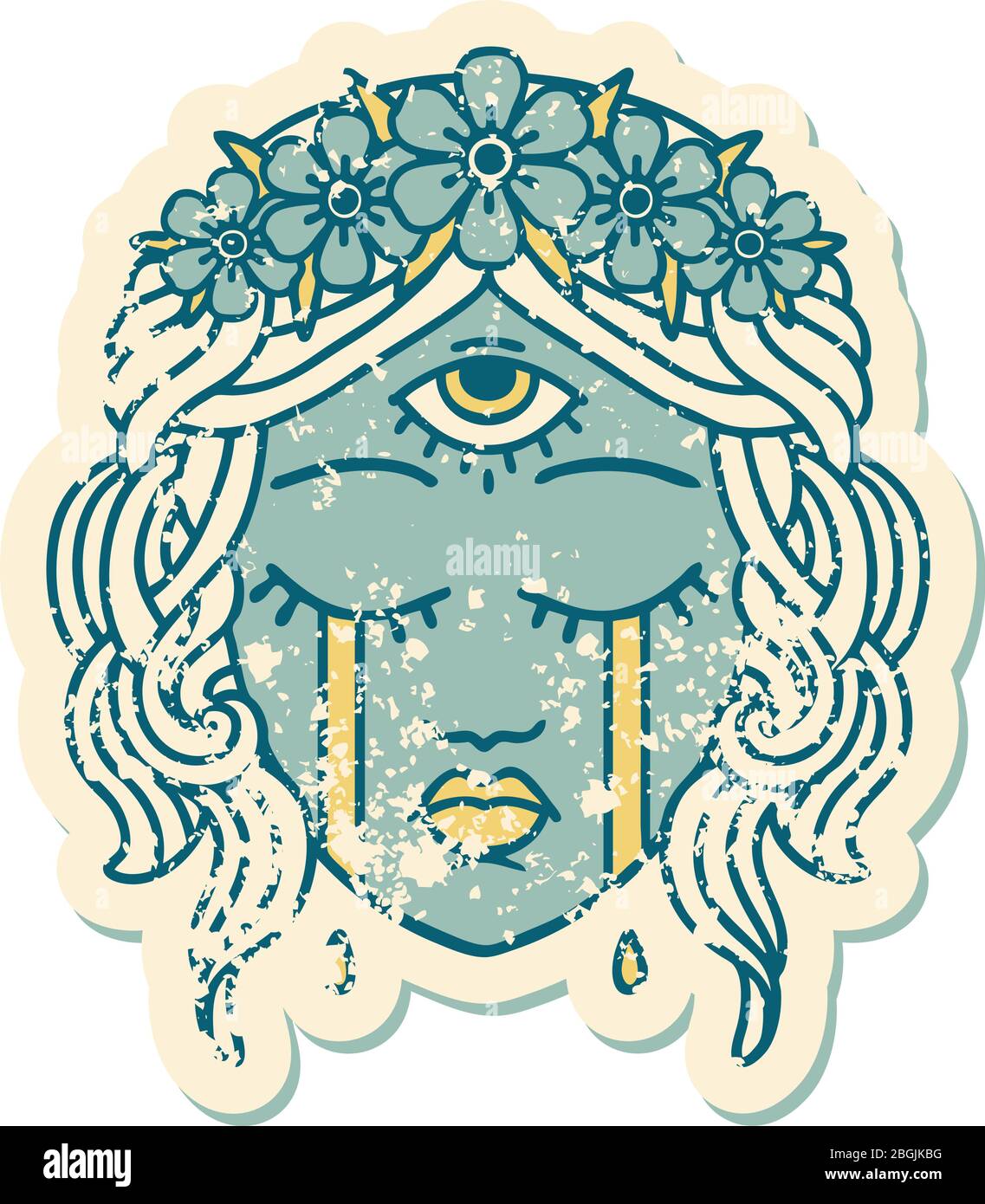 iconic distressed sticker tattoo style image of female face with mystic ...