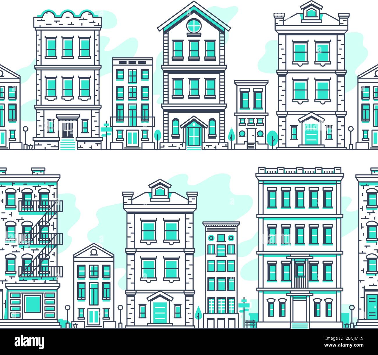 Line art city seamless landscapes. Outline housing, real estate market vector background. House ...
