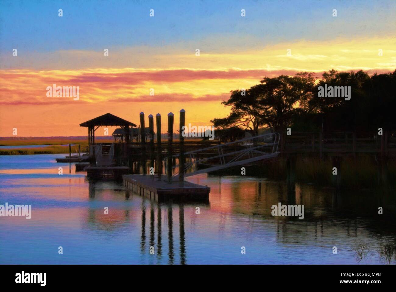 Digital art sunset with water reflections of a boat dock in a salt ...