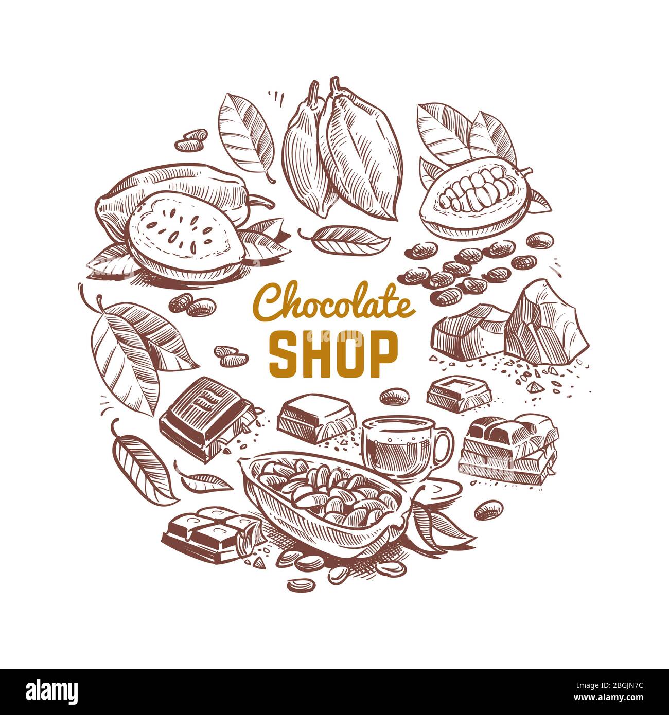Chocolate shop vector emblem design with sketched cocoa beans and ...