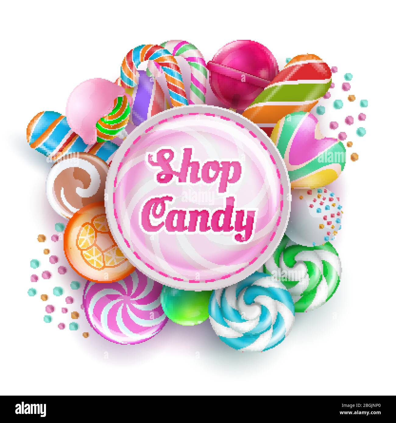Candy shop background with sweet realistic candies, sweets, caramel ...