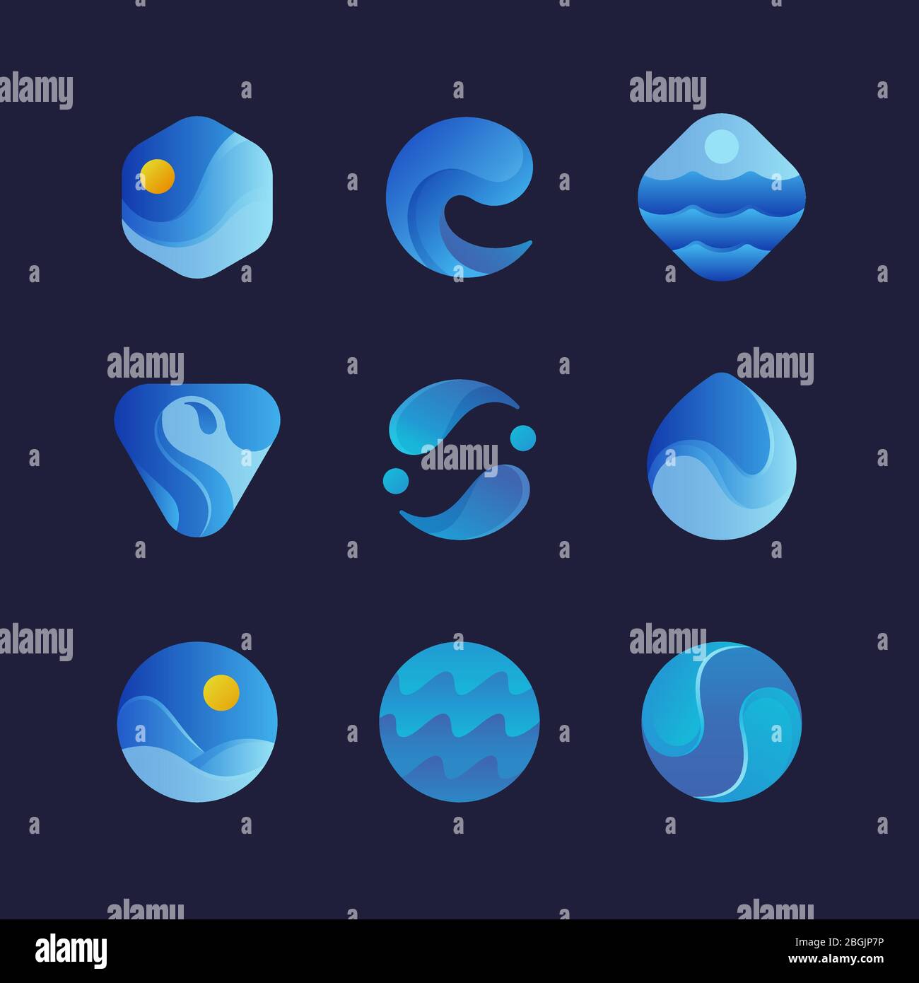 Sea water waves logos, blue wave splash abstract emblems. Isolated ...