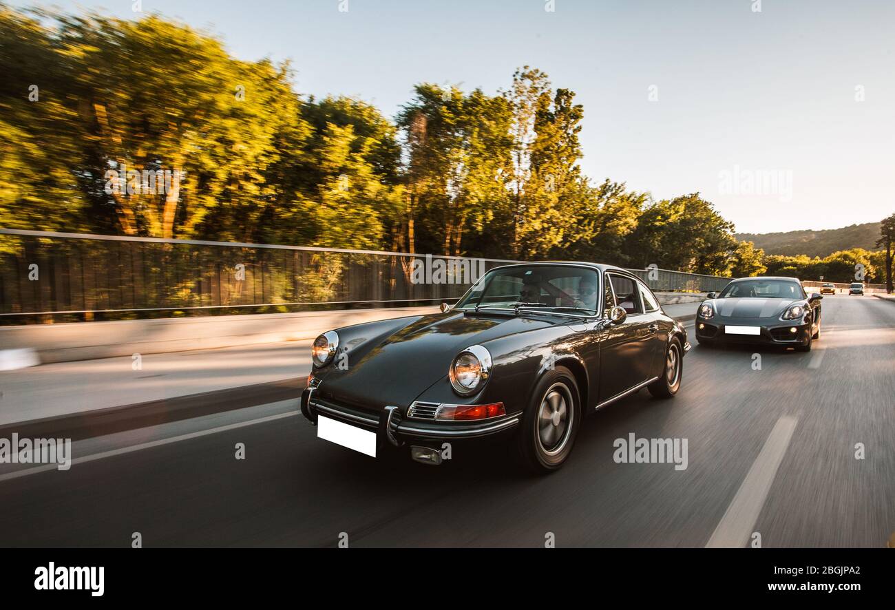Retro vintage black car, motorshow or auto exhibition in the summer ...