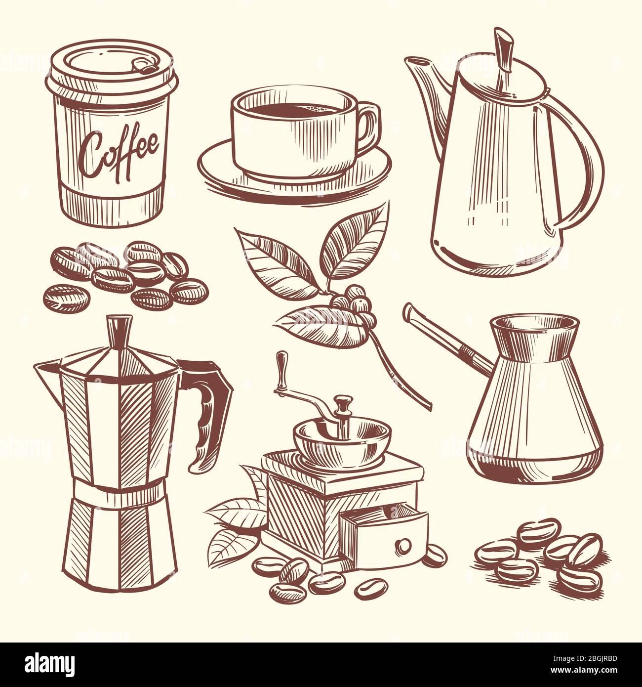 Hand drawn coffee cup, beans, leaves, coffeepot and coffee grinder ...