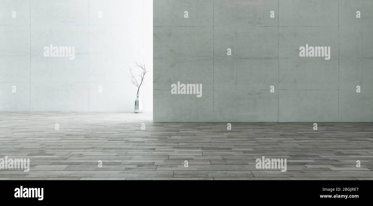 backlight empty room consisting of concrete walls with wooden floor ...
