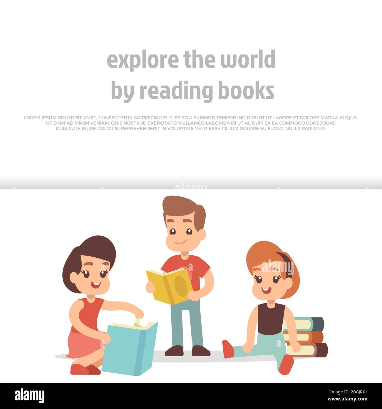 Little kids reading books. Cartoon character children vector banner and ...