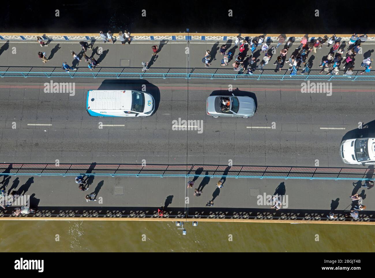 Roadway of Tower Bridge with centre line visible, seen from the walkway ...
